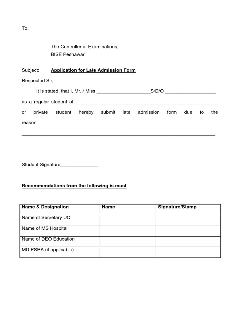 Late Admission Application Form | PDF