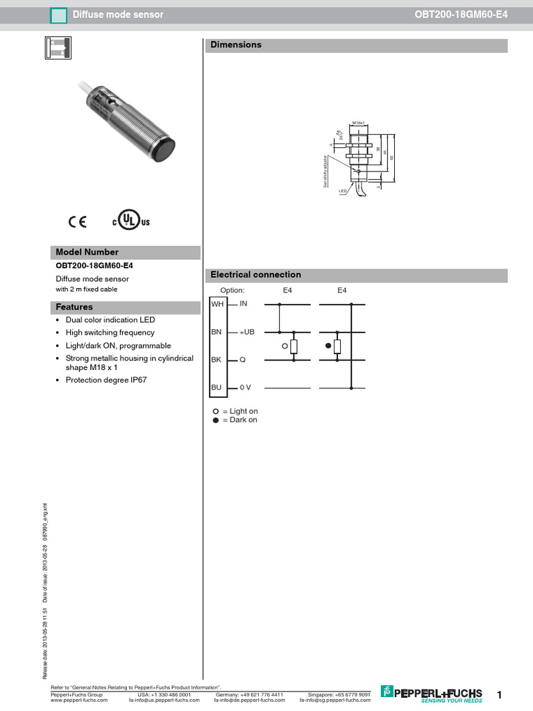 OBT200-18GM60-E4 Diffuse Sensor Overview | PDF | Electrical Engineering | Electricity