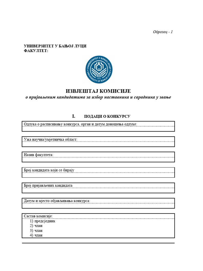 Obrazac - Broj - 1 - Izbor U Zvanje Nastavnika I Saradnika - Up | PDF
