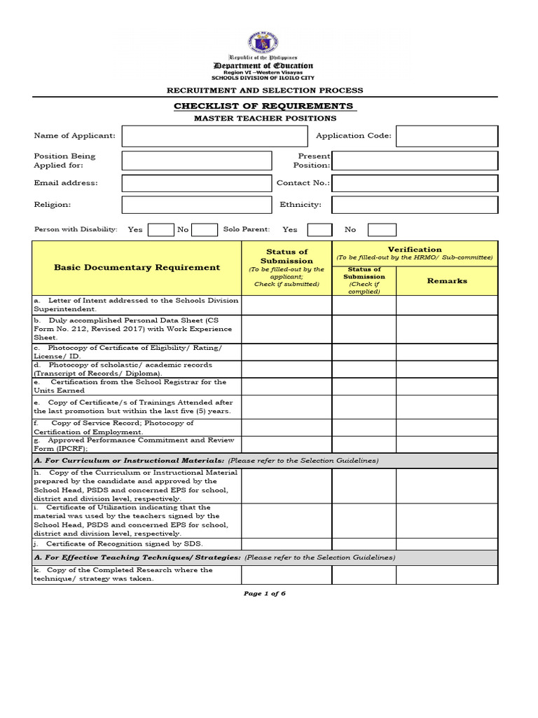 Master Teacher Recruitment Checklist | PDF | Teachers