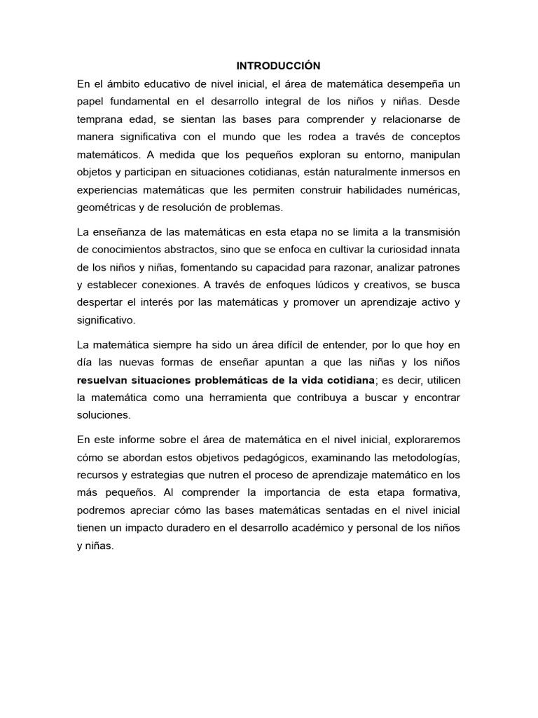 INTRODUCCIÓN Informe Area de Matemática | PDF