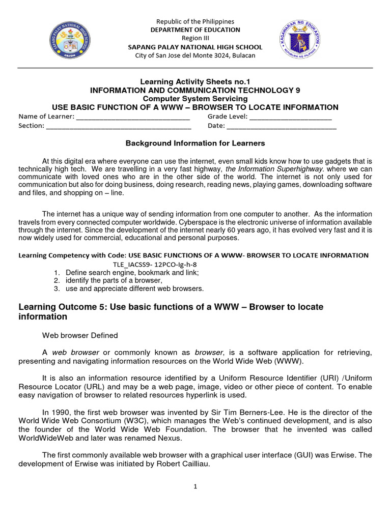 LAS 1 Use Basic Function of WWW Browser ICT9 2nd QTR | PDF | World Wide Web | Internet & Web