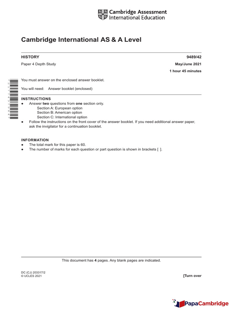 Cambridge International AS & A Level: HISTORY 9489/42 | PDF | Copyright ...