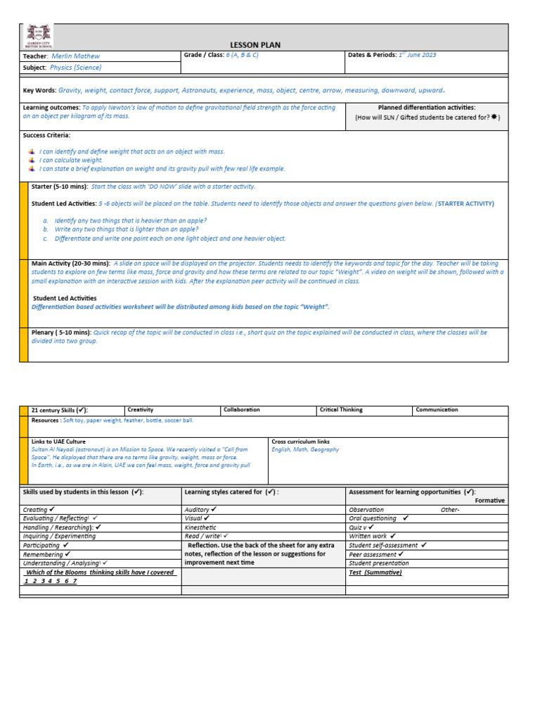 Lesson Plan - Grade 6 | PDF | Weight | Gravity