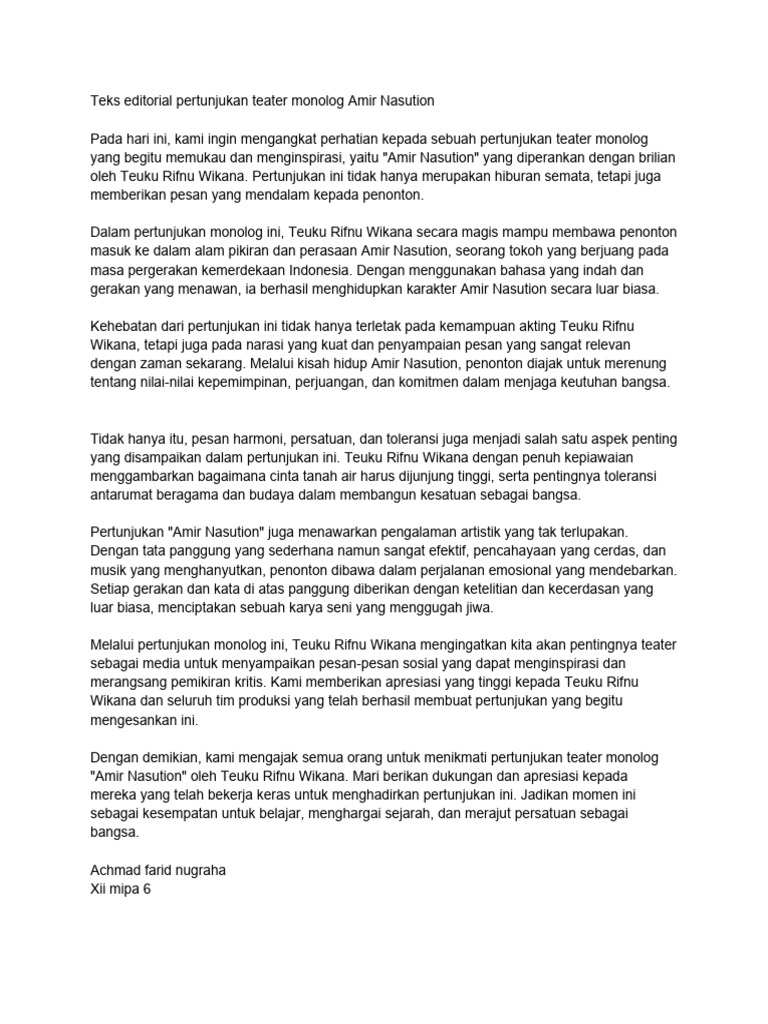Teks Editorial - Pertunjukan Teater Monolog - Amir Nasution - Oleh ...