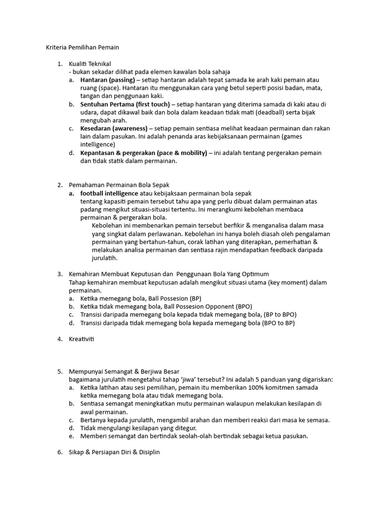 Kriteria Pemilihan Pemain | PDF
