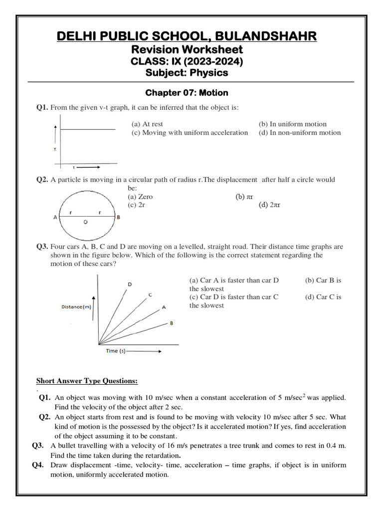 9th Physics Revision Work-Sheets 2023-24-095745 | PDF | Velocity | Force