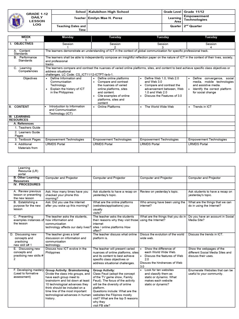 Empowerment Technologies Lesson Plan Q2W1 | PDF | Educational ...