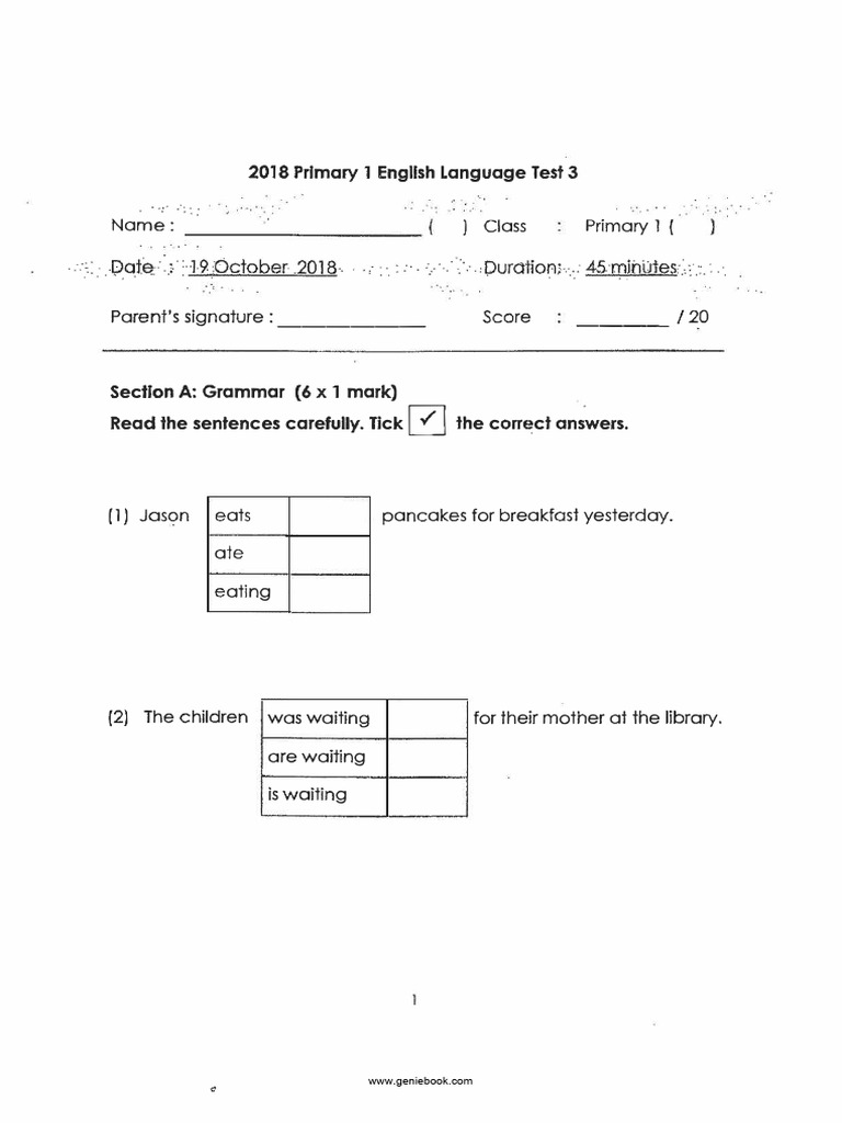 Primary 1 - English - 2018 - Topical Assessment - 1 | PDF