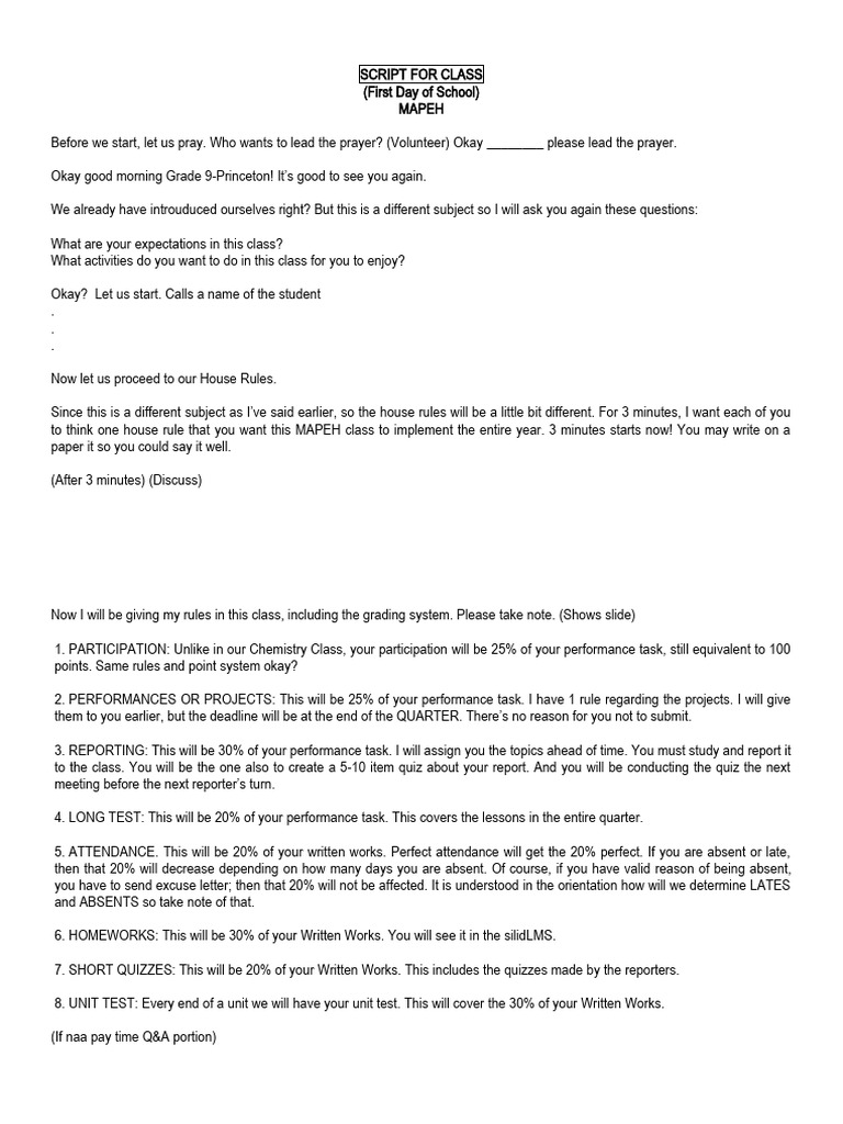 Script For Class Mapeh | PDF | Self-Improvement