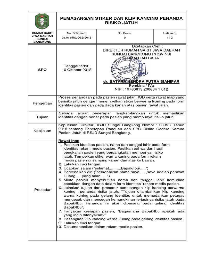 SPO Pemasangan Stiker Dan Klip Kancing Penanda Risiko Jatuh PDF | PDF