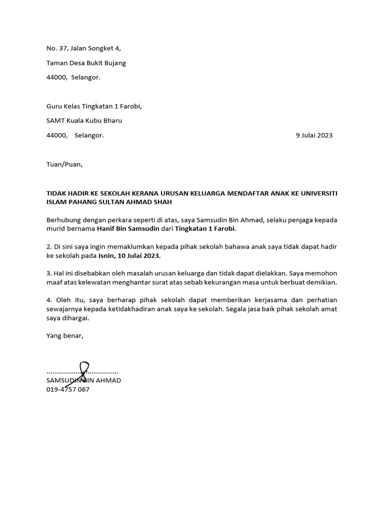 Surat Cuti Hanif SAMT KKB | PDF