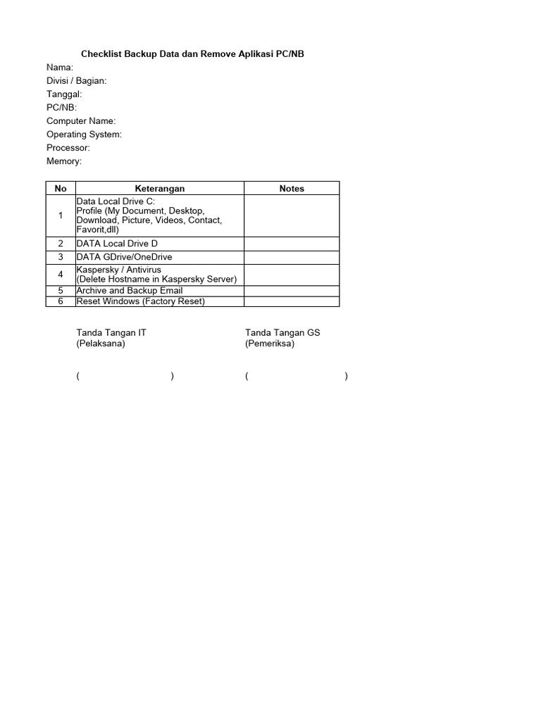 Form Checklist Backup Dan Penghapusan Aplikasi PC&NB | PDF | Computers