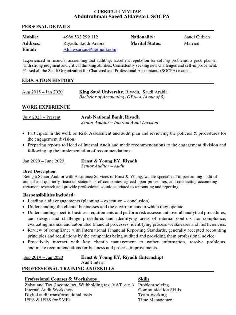 Abdulrahman Aldawsari - CV | PDF | Audit | Accounting