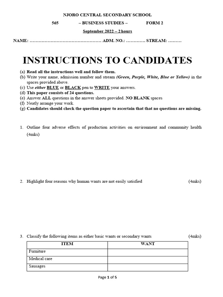 Business Studies Form 1 End Term II 2022 | PDF | Entrepreneurship ... Business Studies Form 1 End Term II 2022 | PDF | Entrepreneurship ...