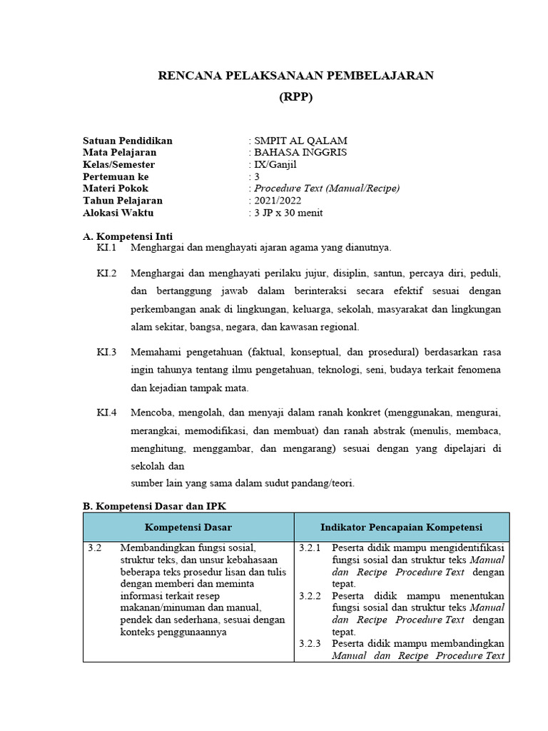 RPP Kelas 9 Procedure Text | PDF