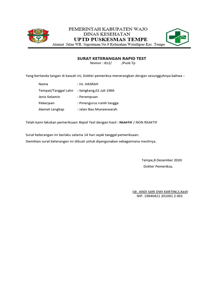 SURAT KETERANGAN RAPID TEST Edit | PDF SURAT KETERANGAN RAPID TEST Edit | PDF