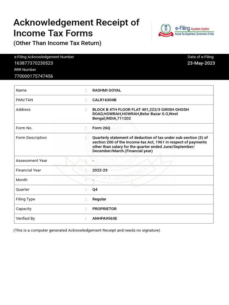 Form 26Q - ARN - 770000175747456 | PDF