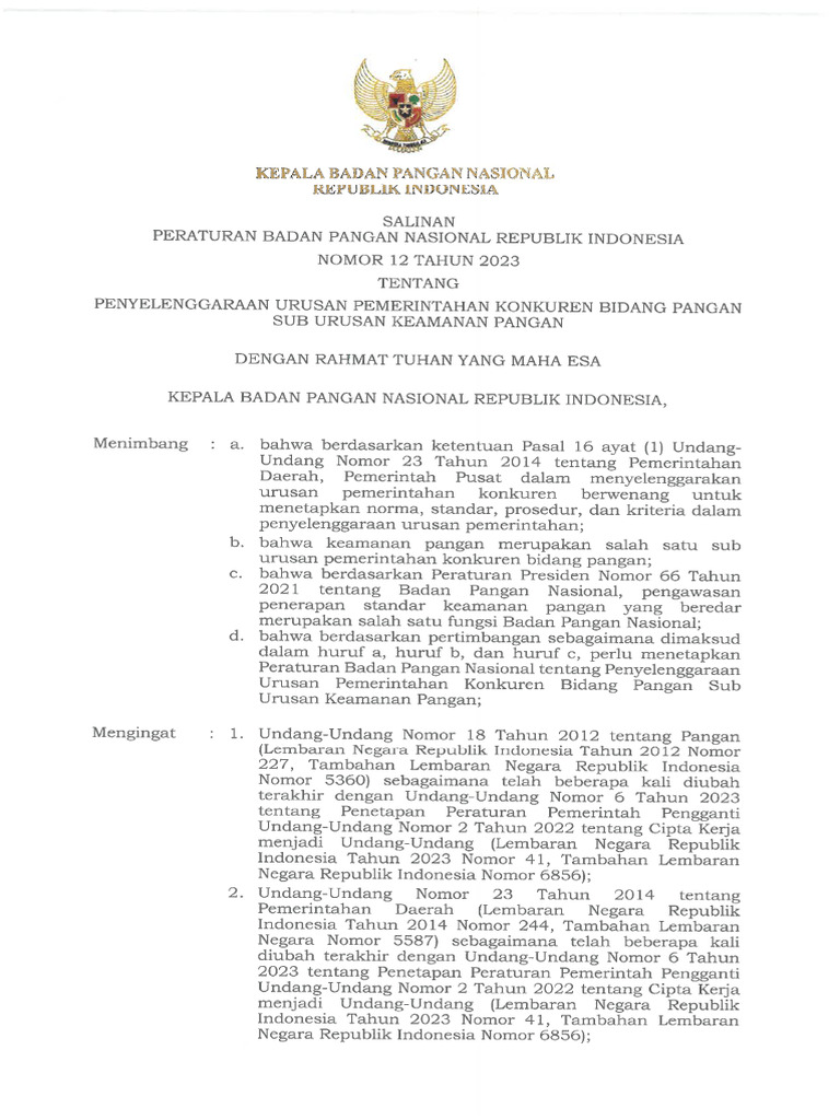 Salinan Perbadan 12 Tahun 2023 Tentang Konkuren Bidang Pangan | PDF