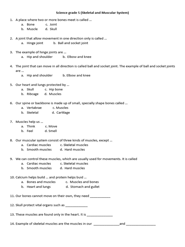 Science (Skeletal and Muscular System) Grade 5 | PDF | Skeleton ...