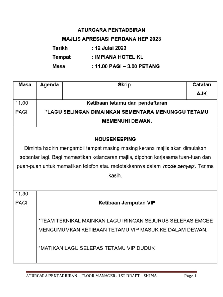 Aturcara Pentadbiran - Majlis Apresiasi Perdana HEP | PDF