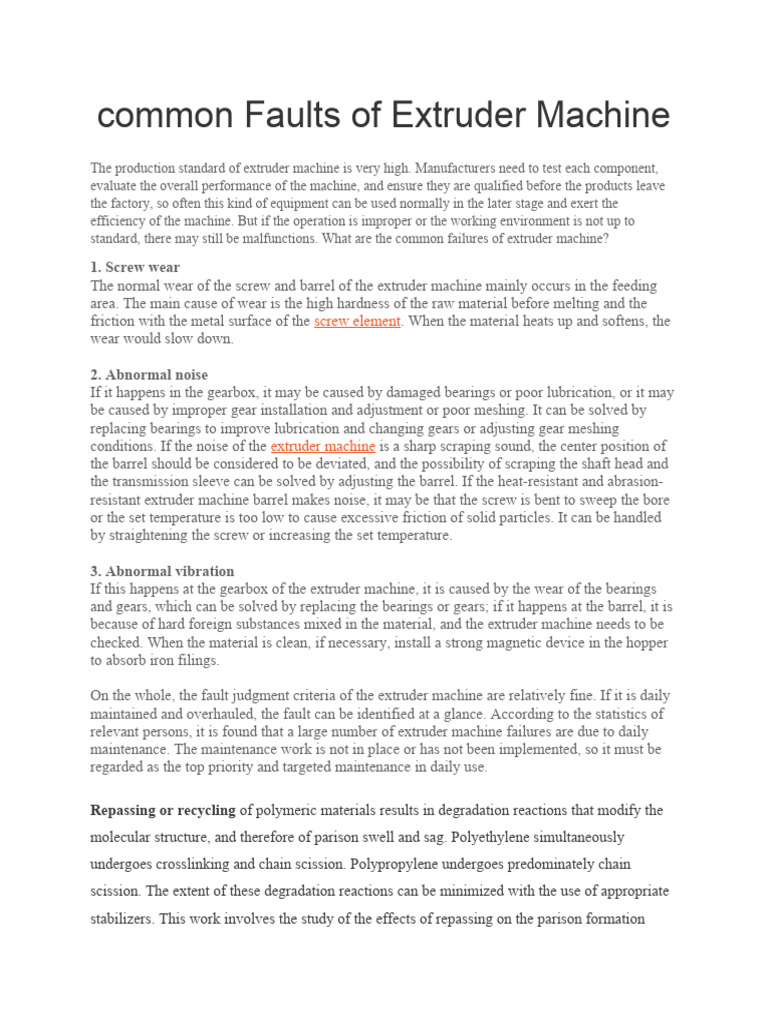 Common Faults of Extruder Machine | Download Free PDF | Wear | Extrusion