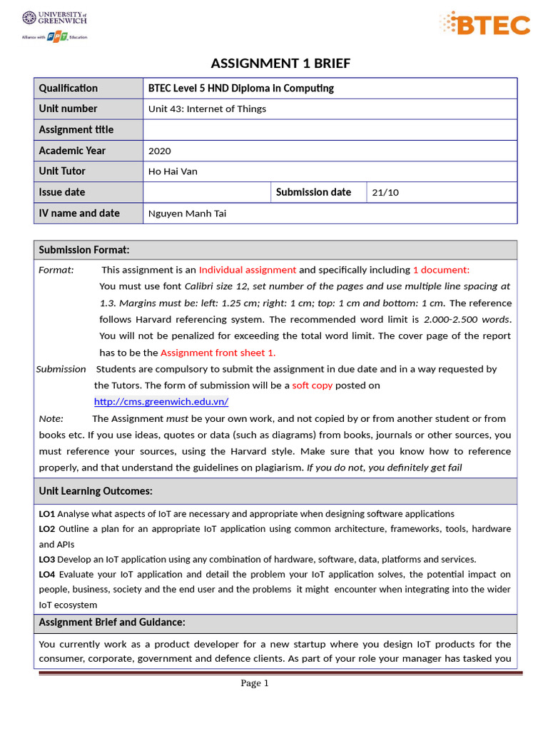 43 IoT - Assignment Brief 1 2018 2019 | PDF | Internet Of Things | Computer Network