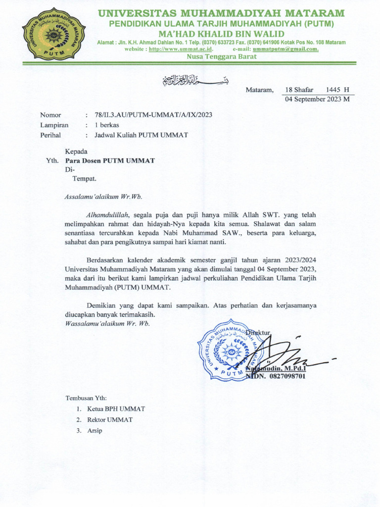 Surat Pengantar Jadwal Kuliah PUTM UMMAT | PDF