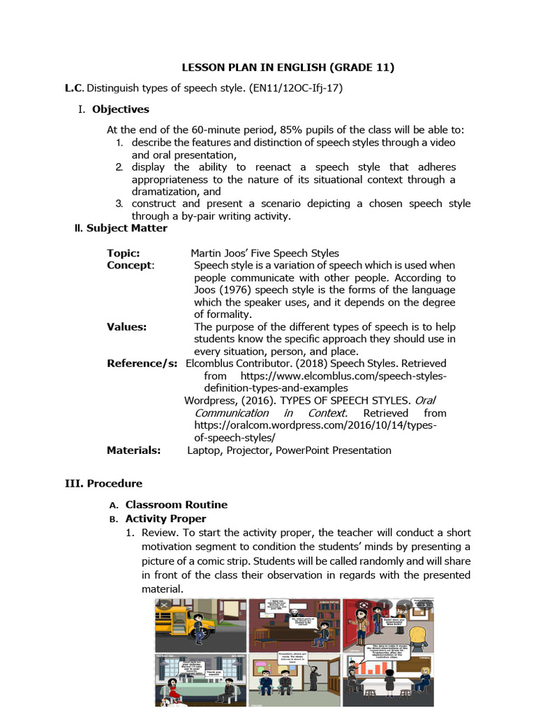 Lesson Plan in Speaking Grade 10: Distinguishing Speech Styles | PDF ...