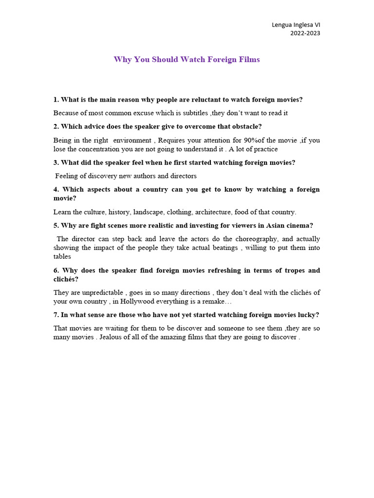 Why You Should Watch Foreign Films - Questions | PDF