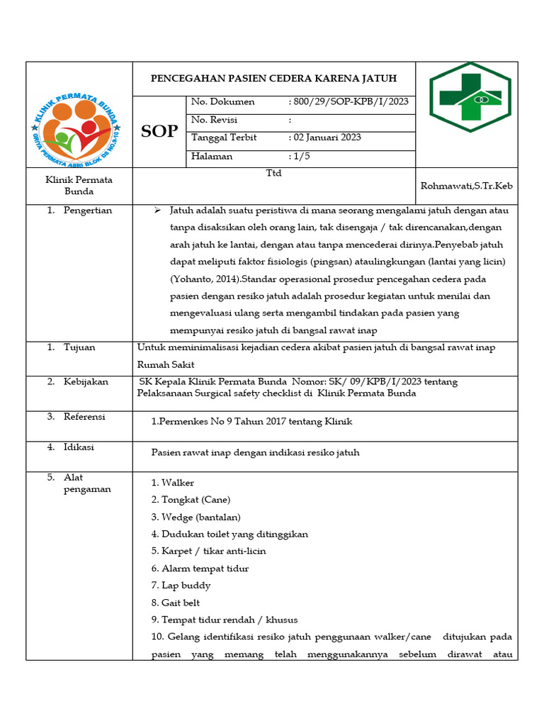 SOP Pencegahan Pasien Cedera Karena Jatuh Rawat Inap | PDF