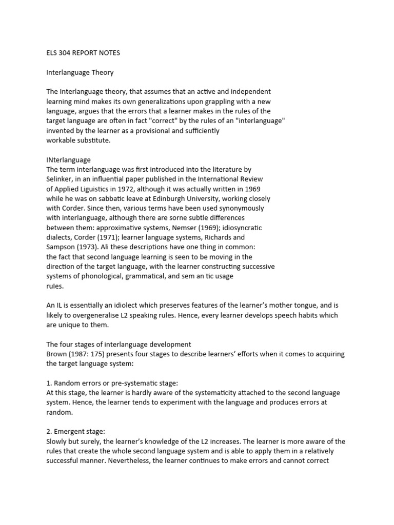 ELS 304 REPORT NOTES On Interlanguage Development | PDF | Second ...