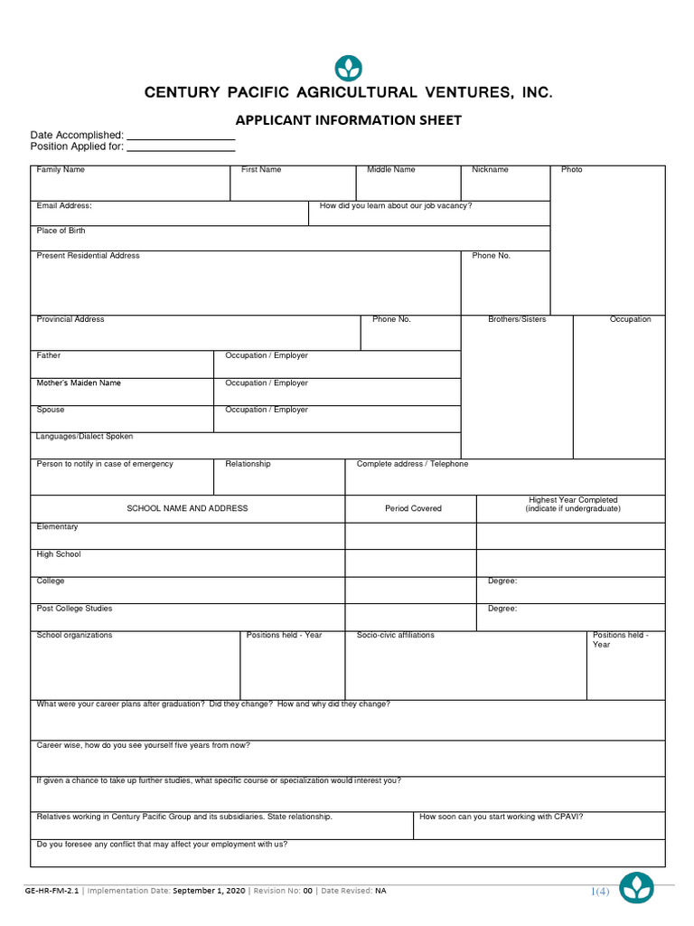1 Applicant Information Sheet | PDF | Background Check | Business