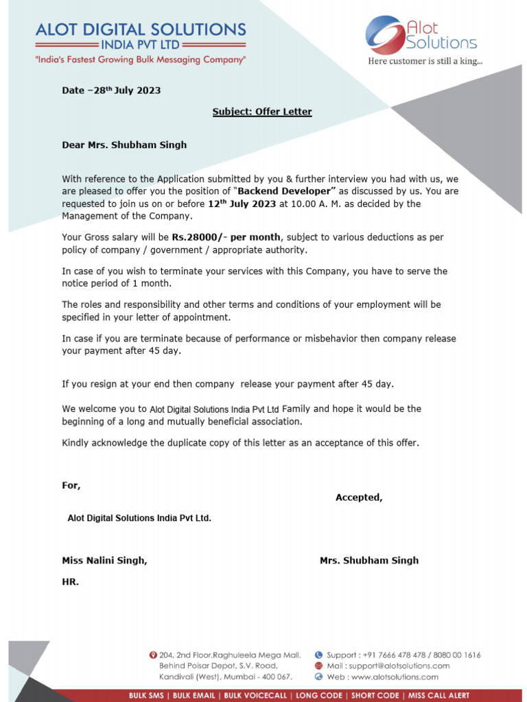 Offer Letter - Shubham Singh | PDF