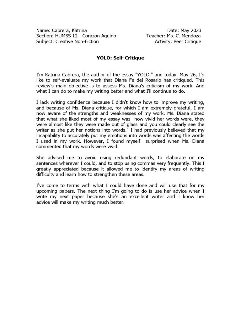 Self-Critique of "YOLO" Essay | PDF