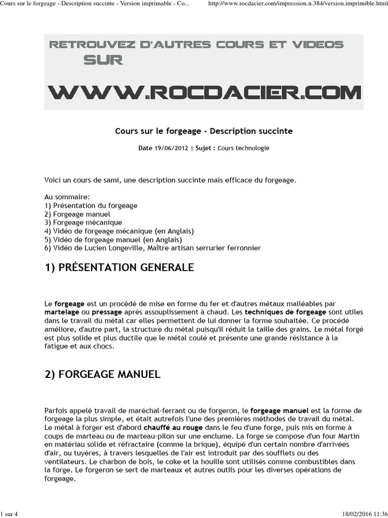 Cours Sur Le Forgeage - Description Succinte - Version Imprimable ...