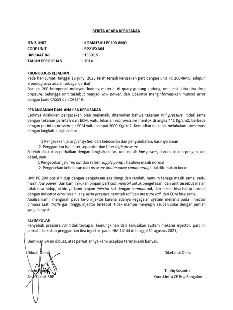 Berita Acara Kerusakan Injector Exa 04 | PDF | Teknologi & Rekayasa