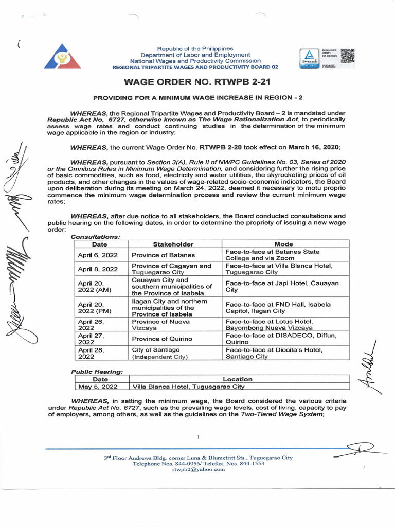 Wage Order No RTWPB 02-21 | PDF