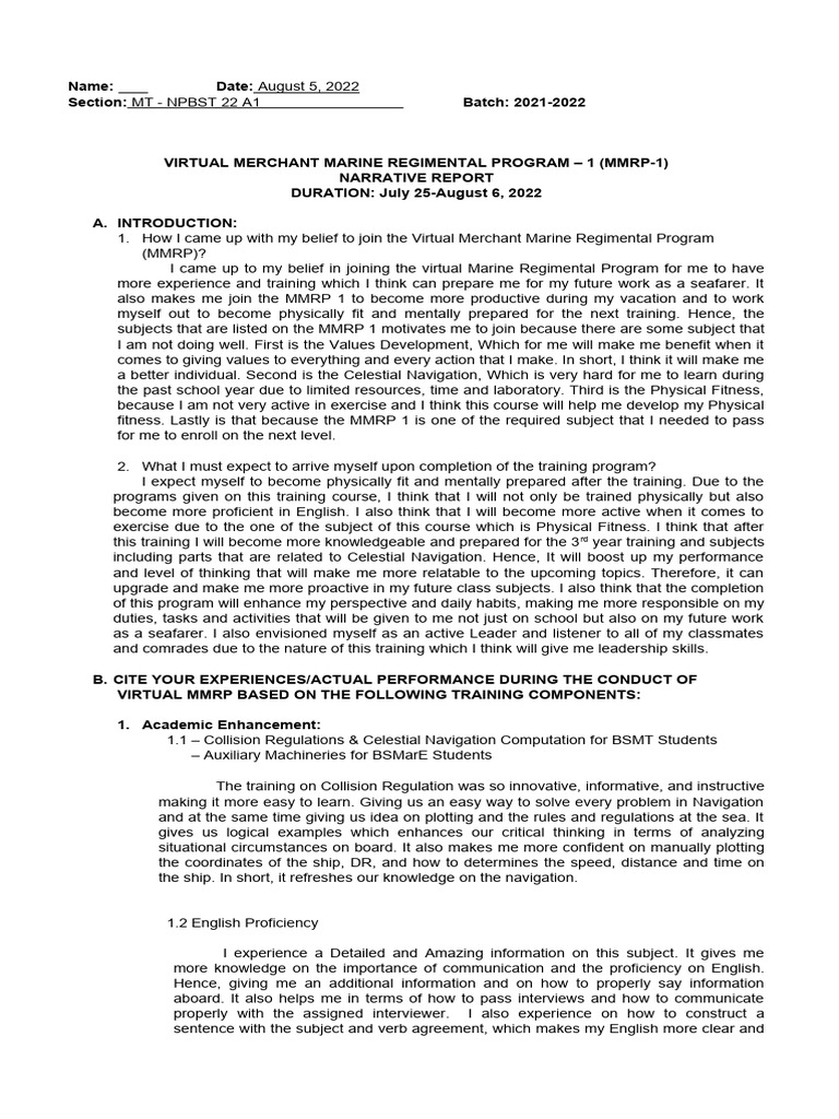 MMRP-1 Training Experience Report | PDF | Physical Fitness | Leadership