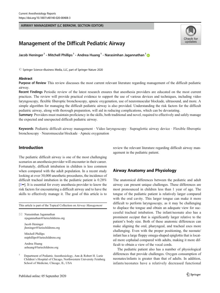 Management of The Difficult Pediatric Airway | PDF | Apnea | Anesthesia