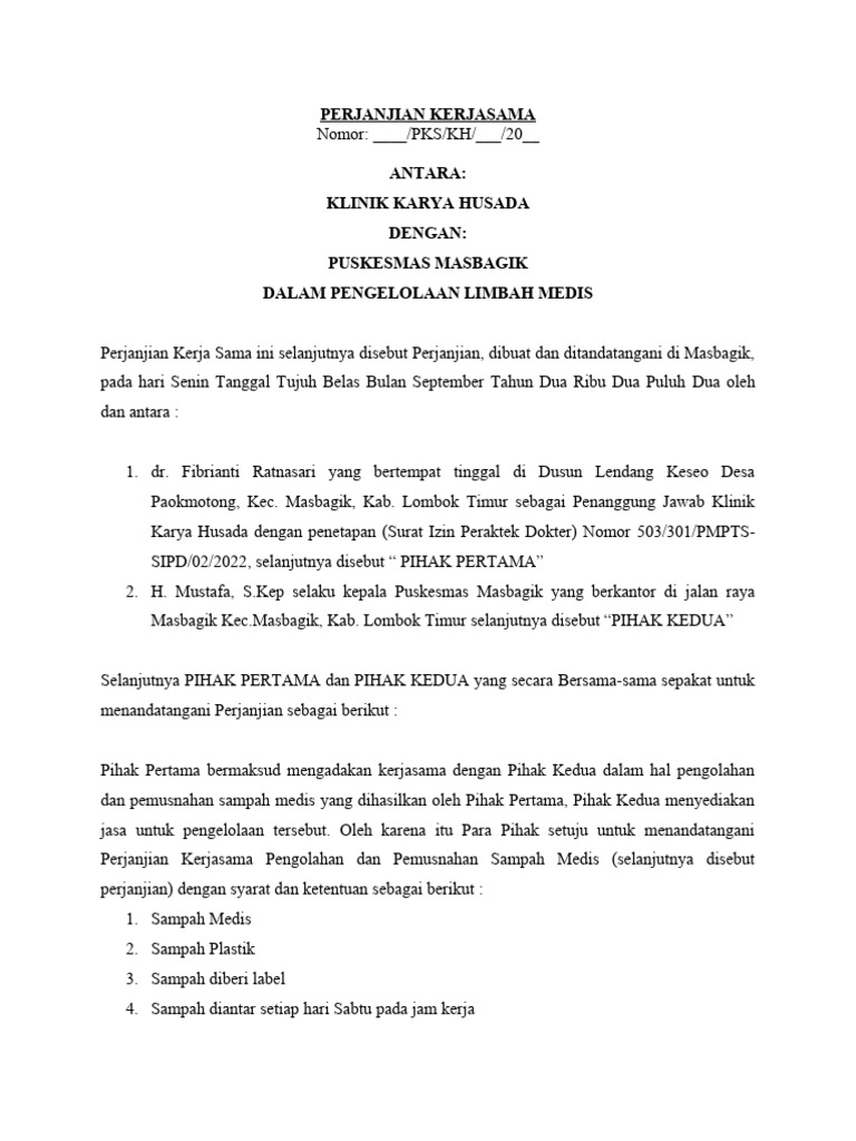 Perjanjian Kerjasama Limbah Medis Klinik Dan Puskesmas Masbagik Pdf