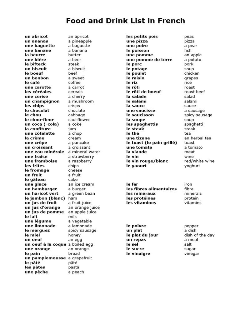 Liste de Nourriture et Boissons | PDF | Nourritures | Cuisine