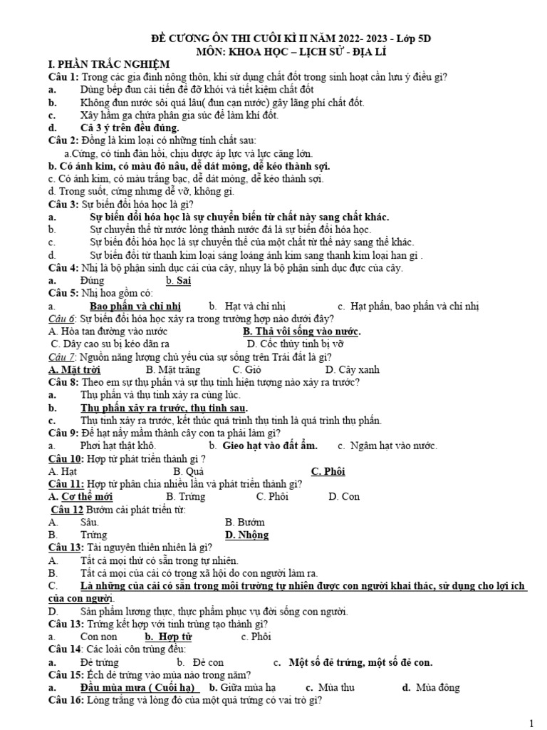 Đề cương Khoa, Sử Địa - Lớp 5- C.Nhung | PDF