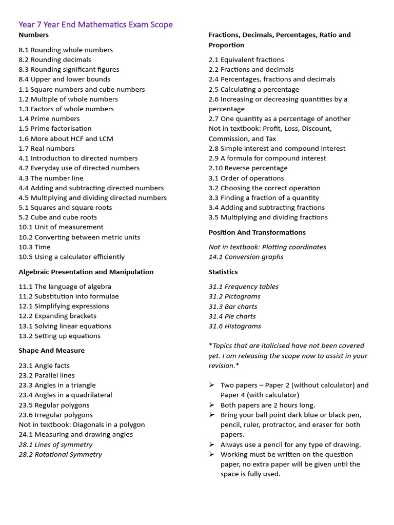Year 7 Year End Mathematics Exam Scope | PDF | Numbers | Percentage