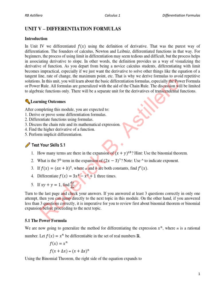 Unit5 Differentiation Formulas | PDF | Derivative | Function (Mathematics)