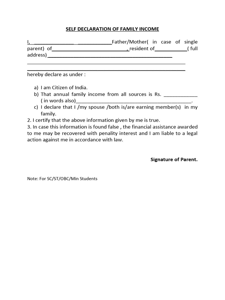 Family Income Self-Declaration Form | PDF | Finance & Money Management ...