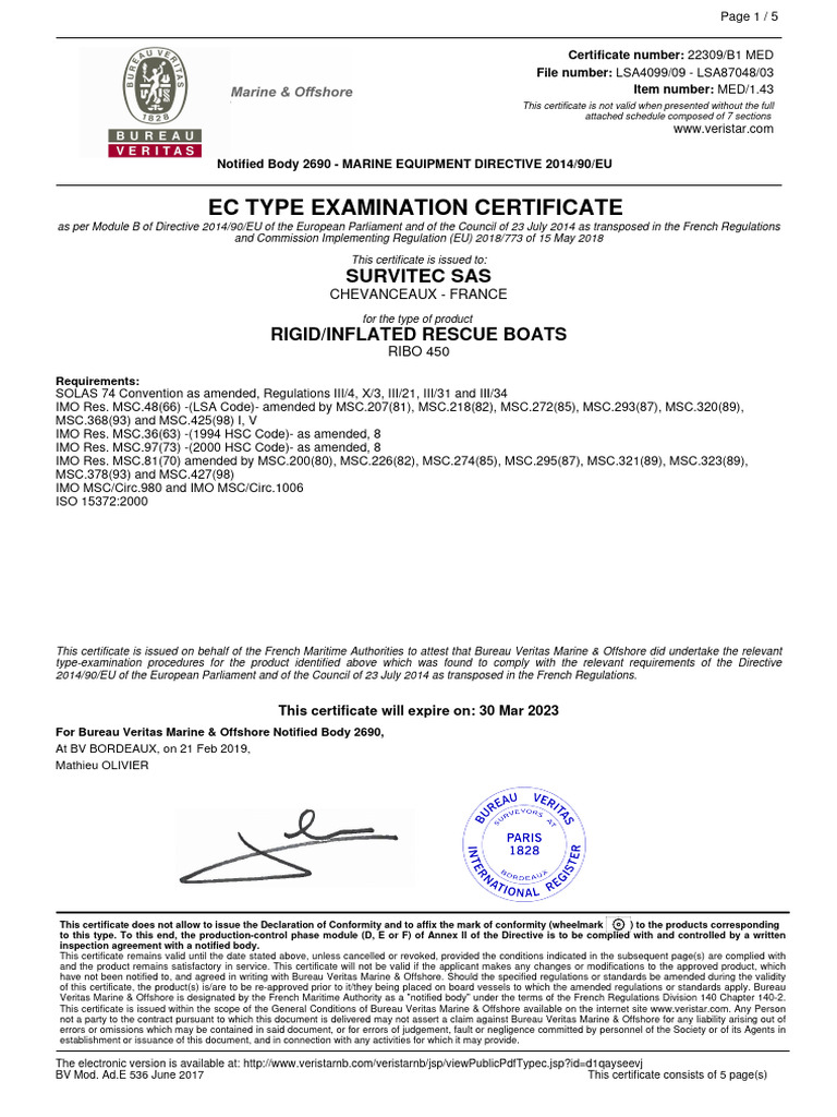RIBO 450 Rescue Boat Certification | PDF | Fiberglass | Directive ...