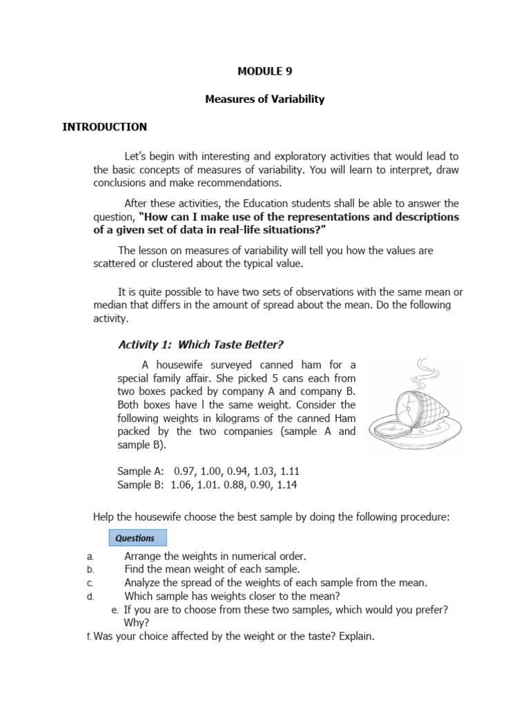 Module 9 Measures Of Variability Pdf Variance Standard Deviation