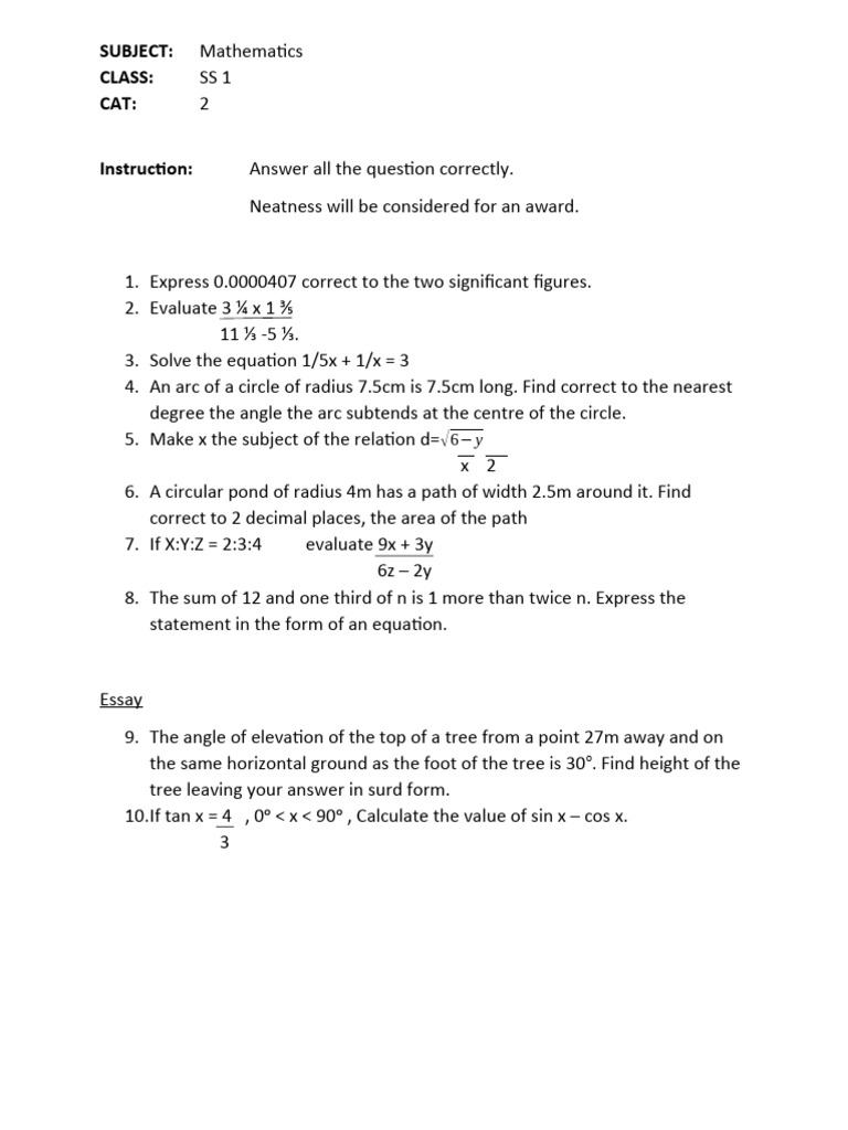 SS1 Mathematics | PDF