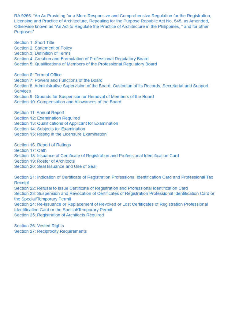 RA 9266 - List of Sections | PDF